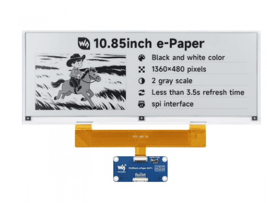 10.85inch e-Paper Display 1360×480 Black White with Driver HAT